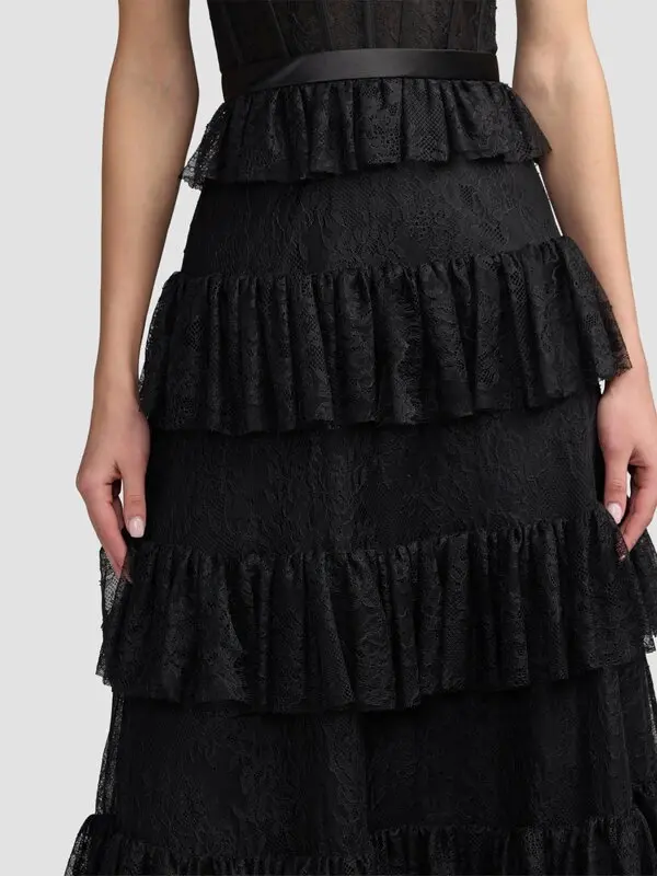 Mac Duggal Ruffled Bustier Lace Strapless Midi Dress
