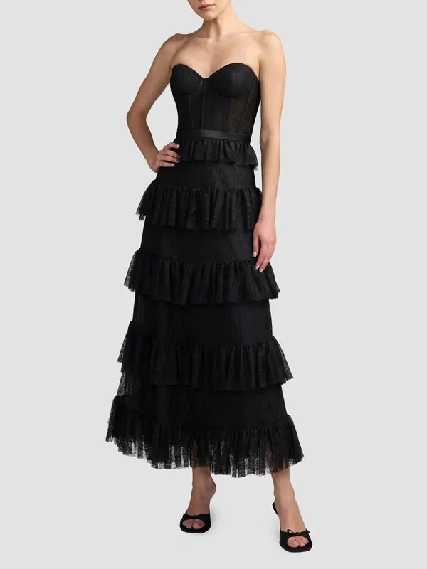 Mac Duggal Ruffled Bustier Lace Strapless Midi Dress