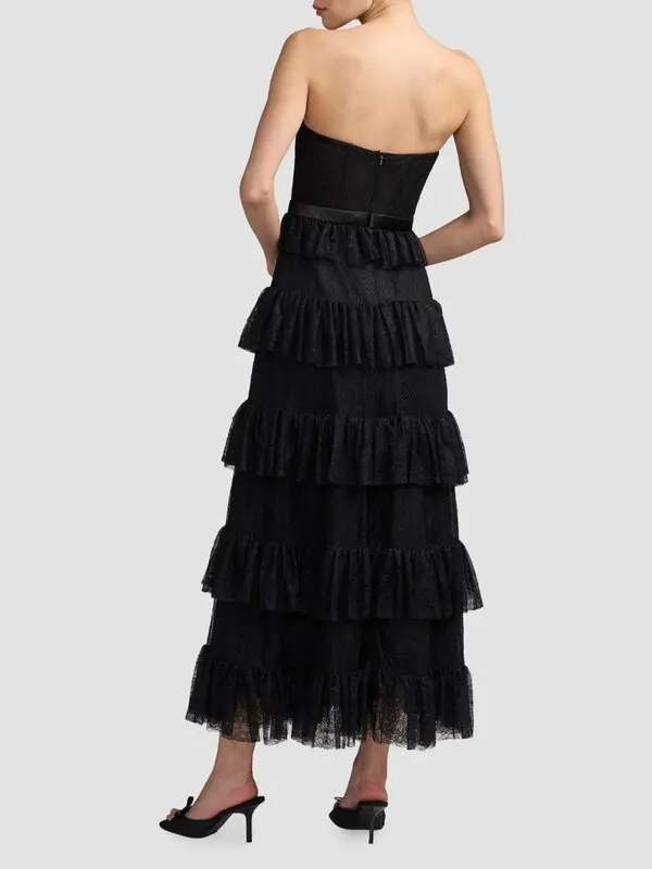 Mac Duggal Ruffled Bustier Lace Strapless Midi Dress