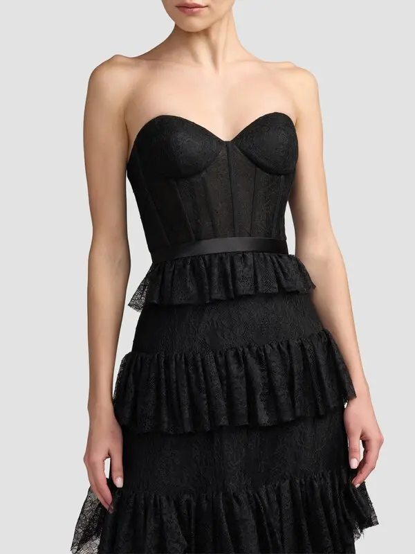 Mac Duggal Ruffled Bustier Lace Strapless Midi Dress