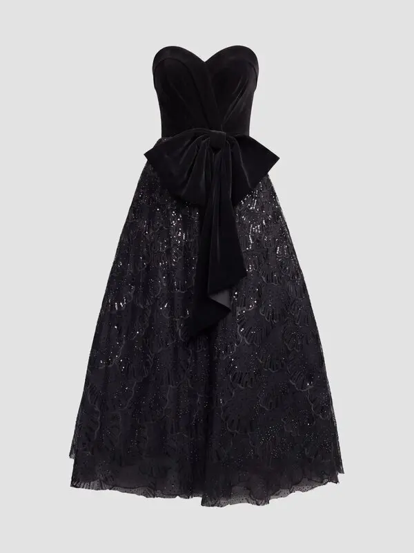 Mac Duggal Sequined Strapless Velvet-bow Midi Dress - Black