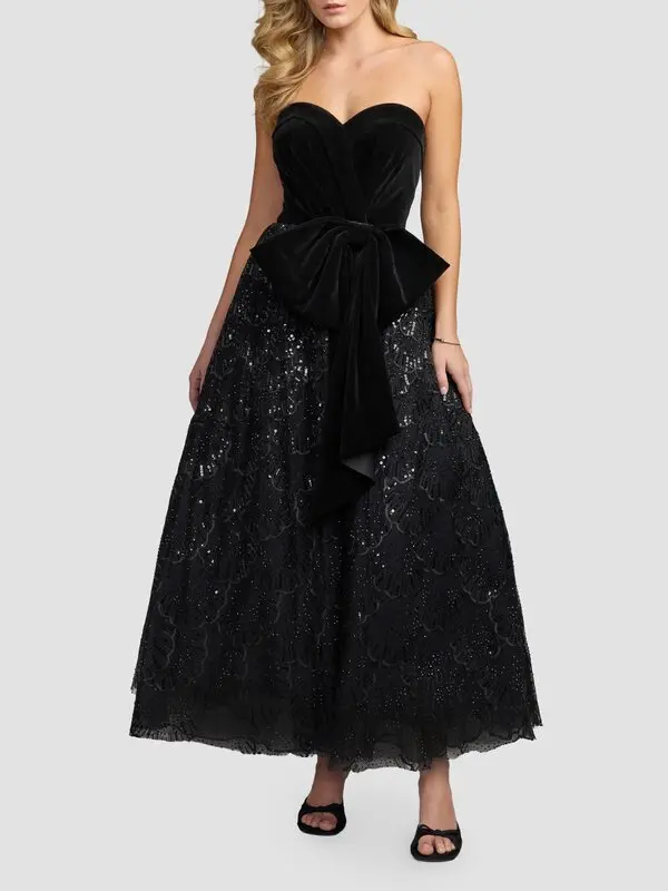 Mac Duggal Sequined Strapless Velvet-bow Midi Dress