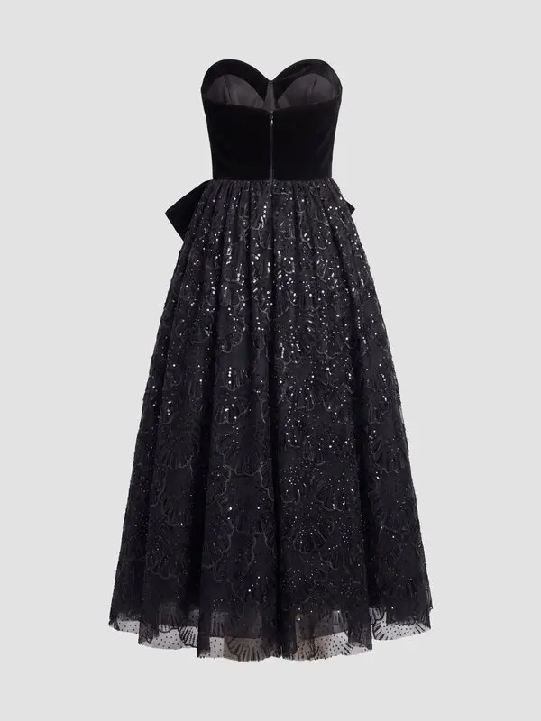 Mac Duggal Sequined Strapless Velvet-bow Midi Dress