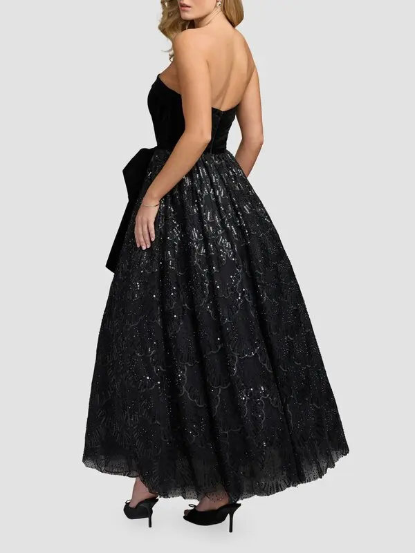 Mac Duggal Sequined Strapless Velvet-bow Midi Dress