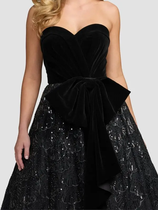 Mac Duggal Sequined Strapless Velvet-bow Midi Dress