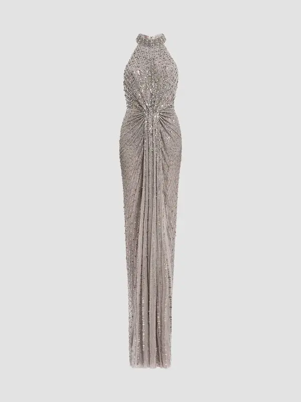 Jenny Packham Whisper Sequin-embellished Halter Gown - Granite
