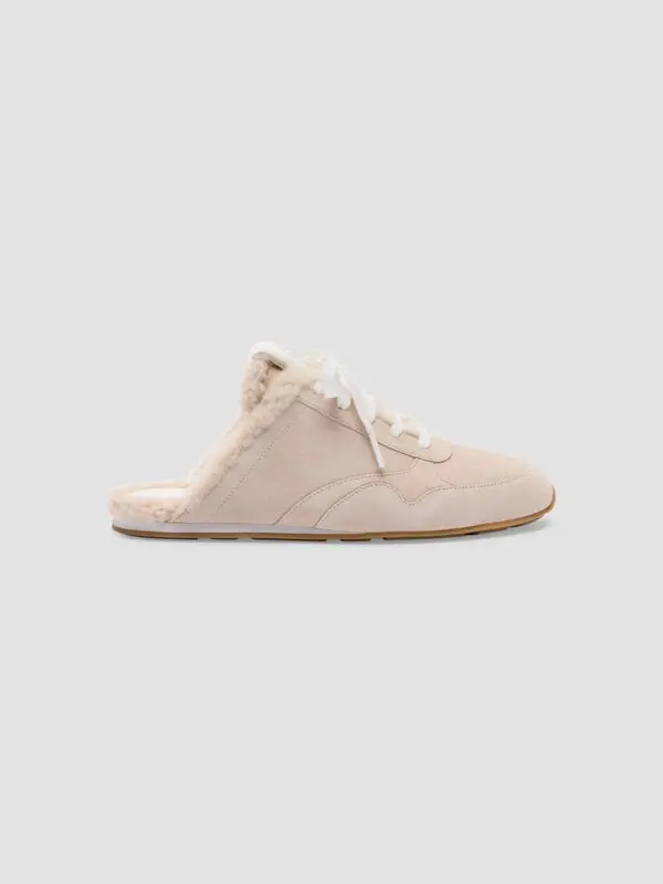 STUART WEITZMAN Bond Suede & Shearling Lace-up Mules - Oat