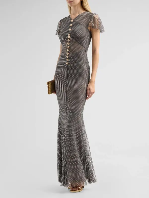SELF-PORTRAIT Rhinestone Fishnet Mesh Mermaid Maxi Dress