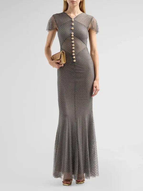 SELF-PORTRAIT Rhinestone Fishnet Mesh Mermaid Maxi Dress