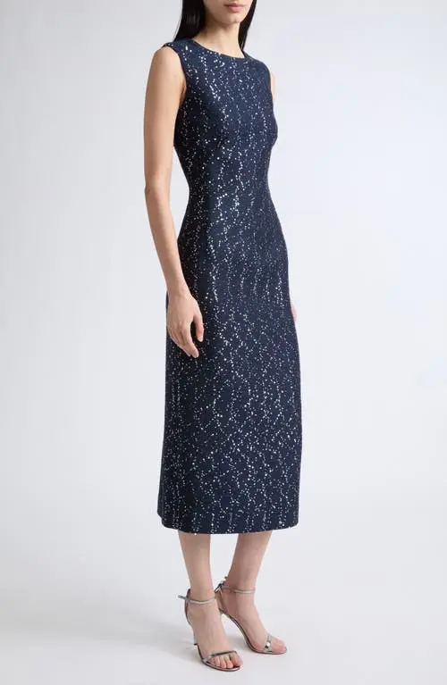 Oscar De La Renta Sequin Wool Blend Tweed Cocktail Dress - Navy