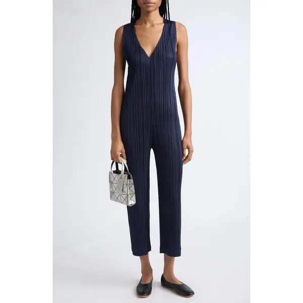 Issey Miyake Pleated Sleeveless Jumpsuit - Navy