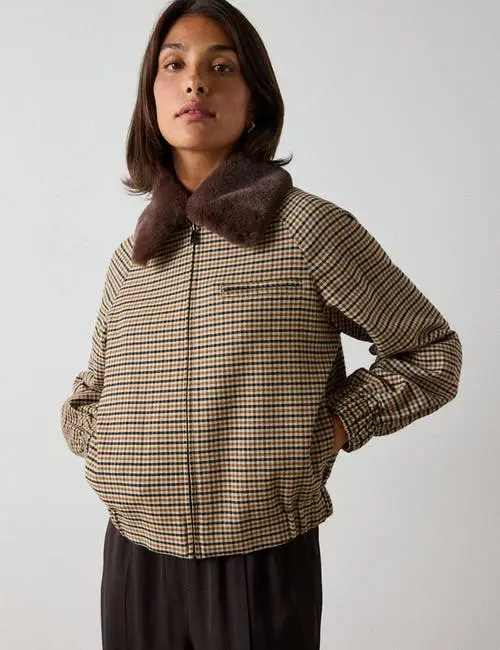 Whistles Fur Collar Checked Bomber Jacket - Brwn/multi