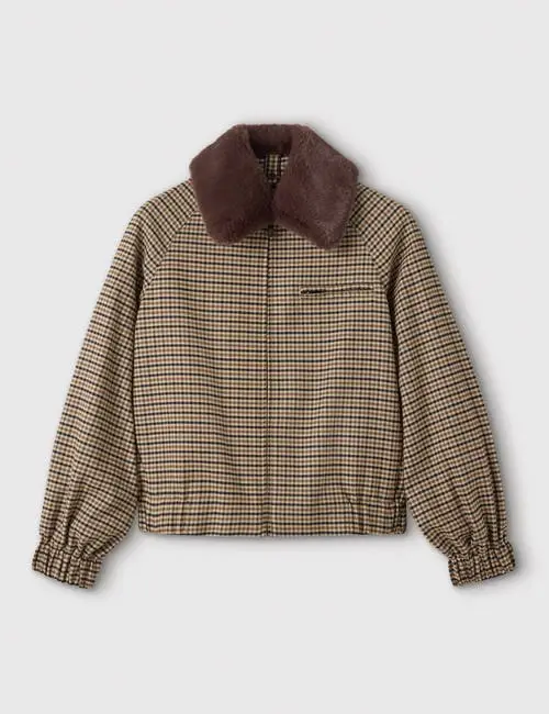 Whistles Fur Collar Checked Bomber Jacket