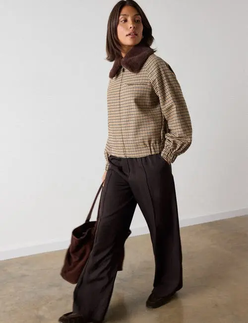 Whistles Fur Collar Checked Bomber Jacket