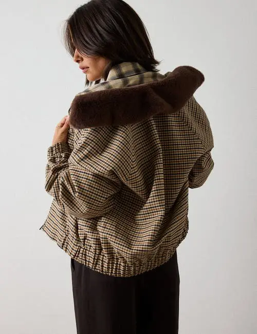 Whistles Fur Collar Checked Bomber Jacket