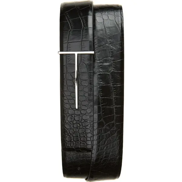 TOM FORD T-buckle Croc Embossed Reversible Leather Belt - Black