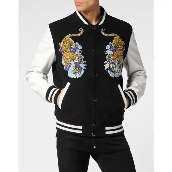 Philipp Plein College Bomber With Woolen Cloth Base Tattoo - Black