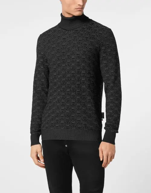 Philipp Plein Wool Silk Turtle Neck Long-sleeve Monogram - Black