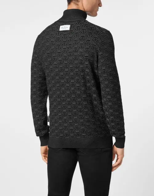 Philipp Plein Wool Silk Turtle Neck Long-sleeve Monogram - Black