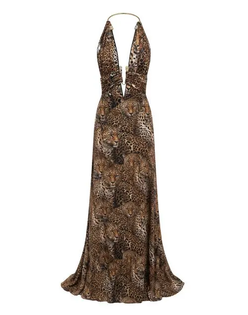 Philipp Plein Open Back Piercing Long Dress All-over Leopard - Beige