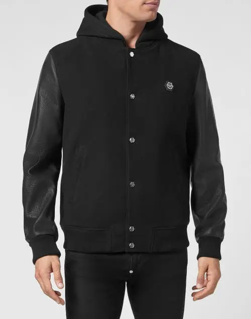 Philipp Plein Bomber Jacket Leather Sleeves - Black