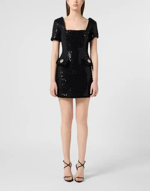 Philipp Plein Tweed Mini Dress Paillettes - Black