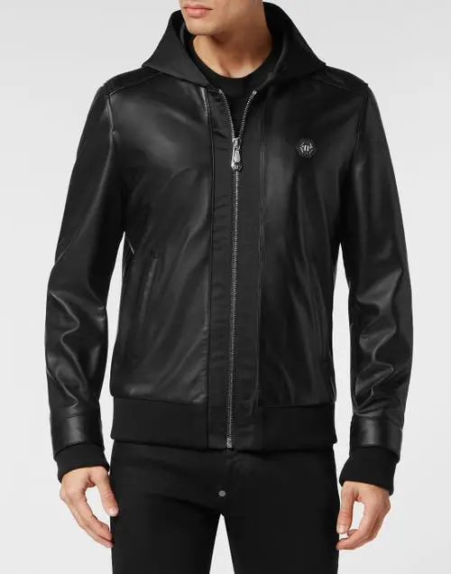 Philipp Plein Leather Hooded Bomber With Satin Inserts - Black