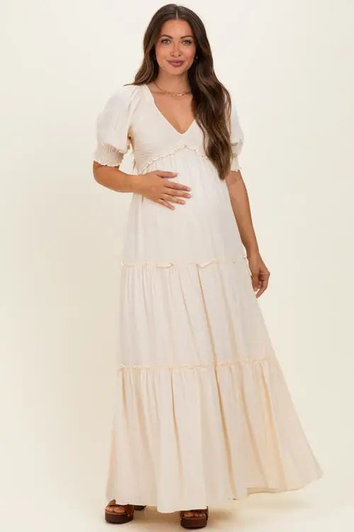 PINKBLUSH V-neck Smocked Tiered Maxi Dresses - Cream