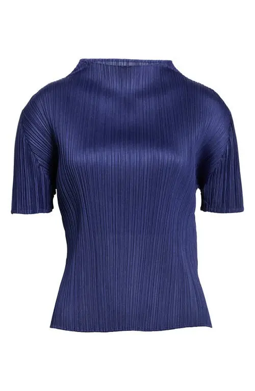Issey Miyake Monthly Colors September Pleated Short Sleeve Top - Navy Blue