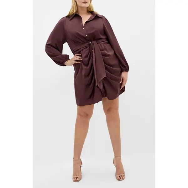 City Chic Lianna Long Sleeve Belted Shirtdress - Cocoa