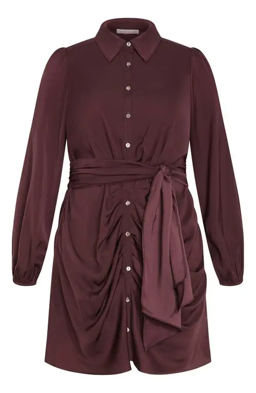 City Chic Lianna Long Sleeve Belted Shirtdress - Cocoa