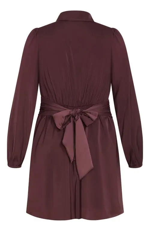 City Chic Lianna Long Sleeve Belted Shirtdress - Cocoa