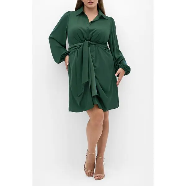 City Chic Lianna Long Sleeve Belted Shirtdress - Emerald