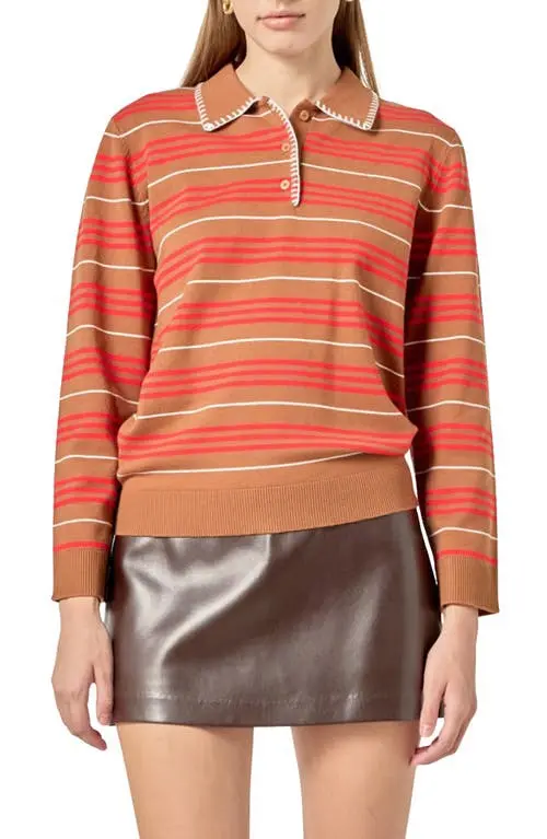 English Factory Striped Long Sleeve Knit Polo - Camel Multi