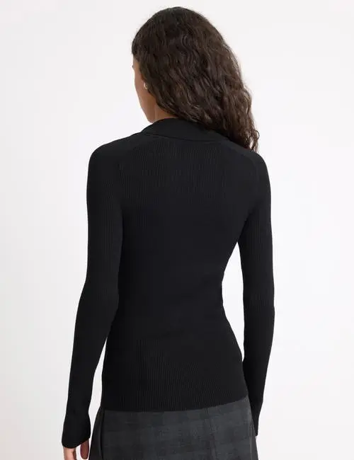 ALBARAY Rib V-neck Long Sleeve Top - Black