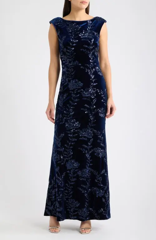 Eliza J Cap Sleeve Embellished Column Gown - Nvy