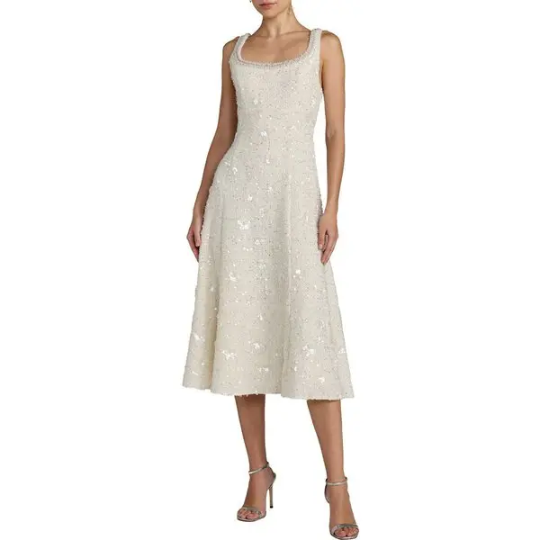 Mac Duggal Petite Sequin Embellished Scoop Neck Midi Dress - Ivory