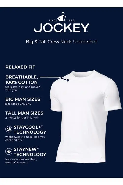JOCKEY Big & Tall 100% Cotton Classic Crew Neck Undershirt12 Pack - Black