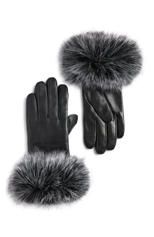Surell Tech Leather Gloves With Faux Fur Cuffs - Black/silver