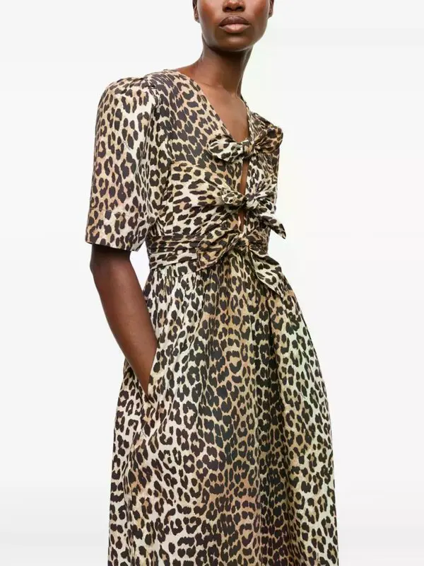 GANNI Bow-detailed Leopard-print Midi Dress