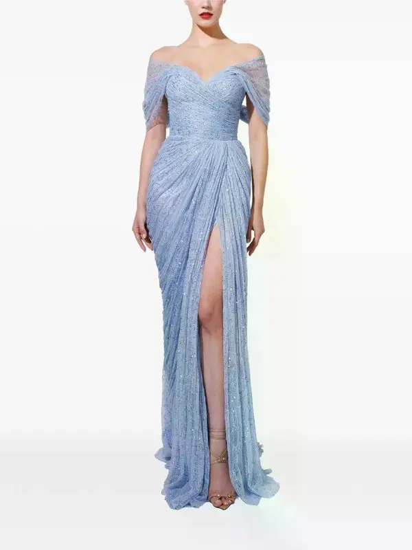 IRIS SERBAN Sequin-embellished Draped Maxi Dress - Blue