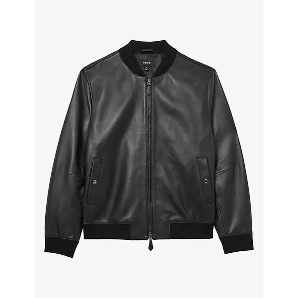 REISS Strain Regular-fit Leather Bomber Jacket - Black
