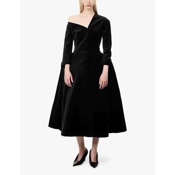 A.W.A.K.E. Mode Off-shoulder Basque Velvet Midi Dress