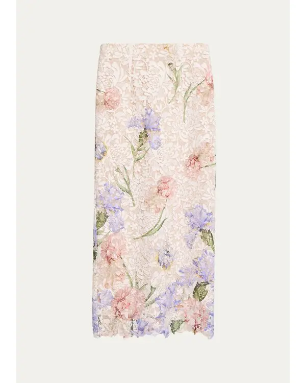 Oscar De La Renta Iris Degrade Print Guipure Lace Midi Skirt - White Multi