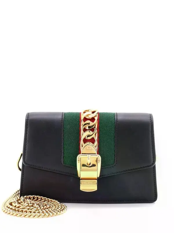 Gucci Sylvie Chain Shoulder Bag Leather Super Mini Crossbody Bag - Black