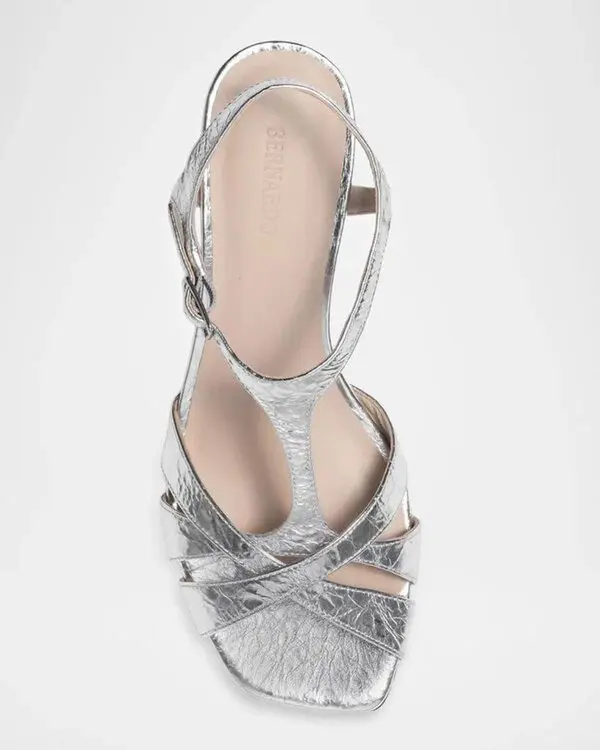 Bernardo 30mm Jean Crinkled Metallic Leather Strappy Sandals - Silver