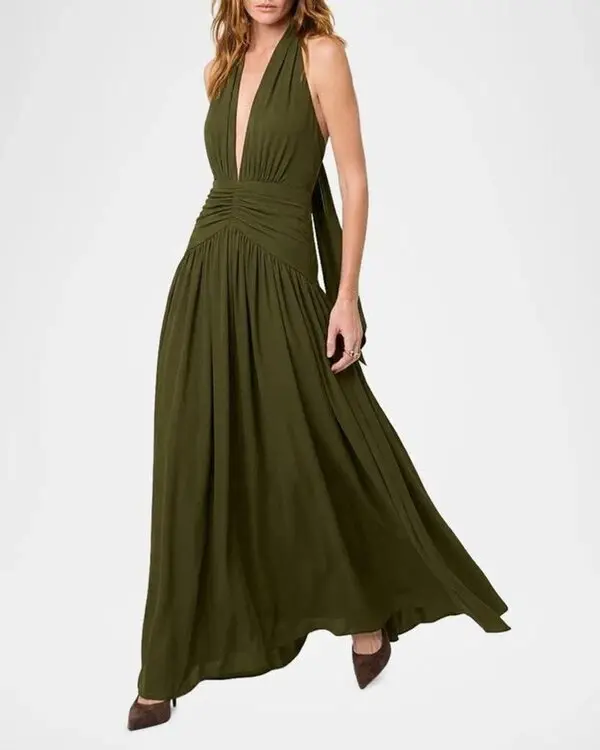 NICHOLAS Arella Plunging Halter Maxi Dress - Olive