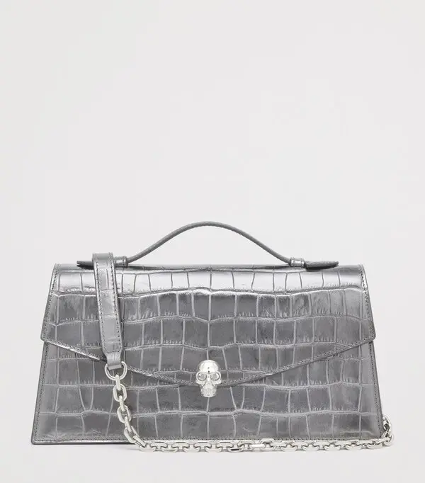Alexander McQueen Croc-embossed Metallic Leather Skull Shoulder Bag