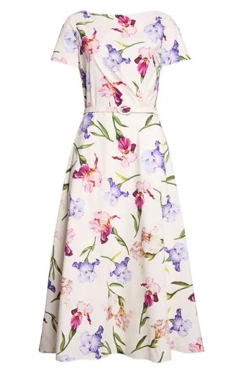 Oscar De La Renta Iris Flower Cotton Stretch Poplin Midi Dress