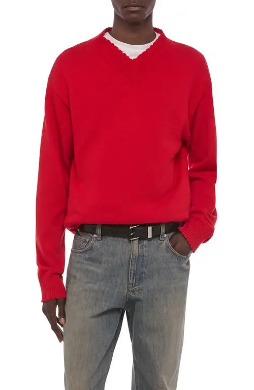 Helmut Lang Distressed V-neck Cotton Sweater - Rosso